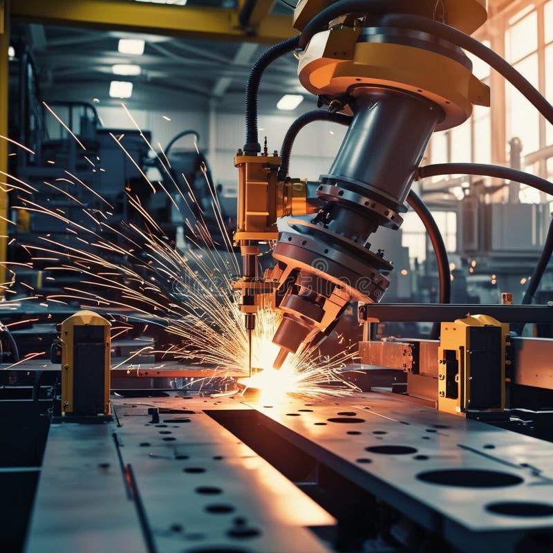 High-Tech Industrial Manufacturing: Automated Machinery with Sparks ...