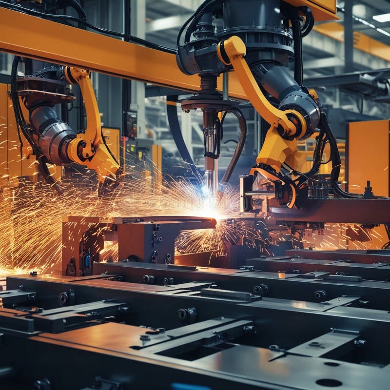 High-Tech Industrial Manufacturing: Automated Machinery with Sparks ...