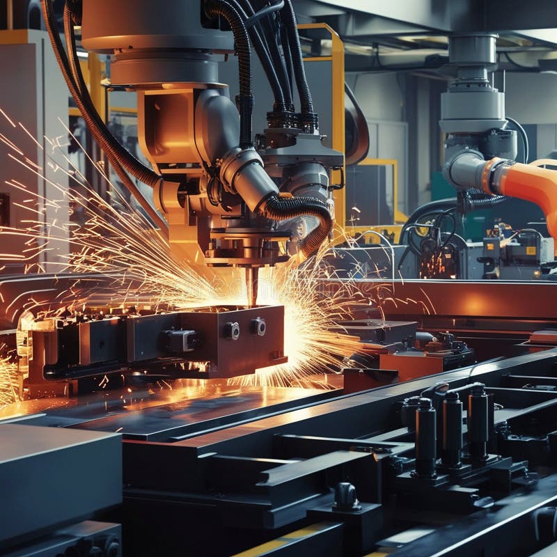 High-Tech Industrial Manufacturing: Automated Machinery with Sparks ...
