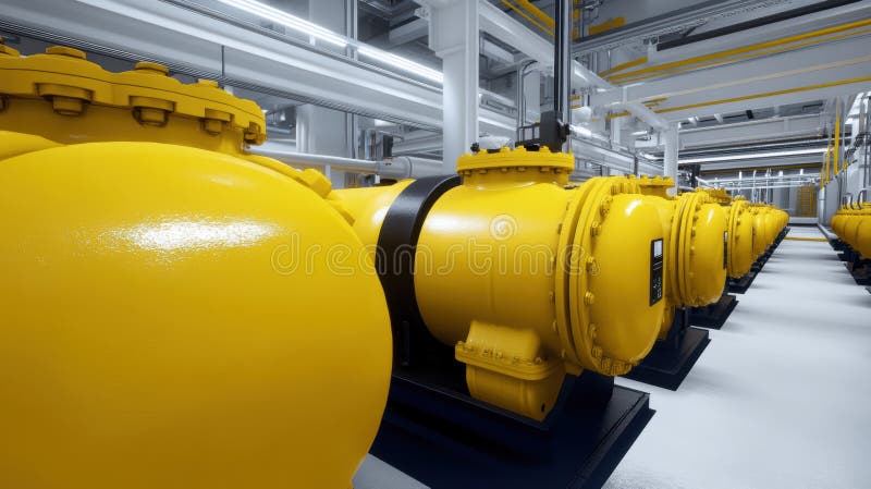 A High-tech Industrial Setting Featuring Large Yellow Valves and Piping ...