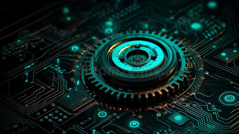 High-Tech Integration: Gear Wheel on Circuit Board Illustration ...