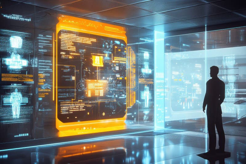 High Tech Interface Displayed in a Modern Control Room with a User ...