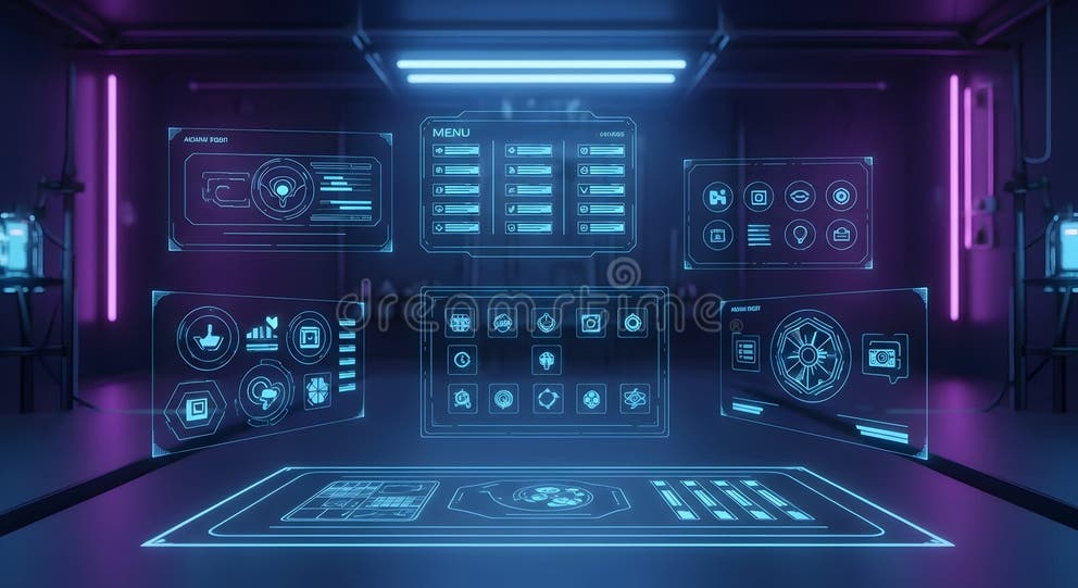 Futuristic Interface Panel with Holographic Display in a Dark Space ...
