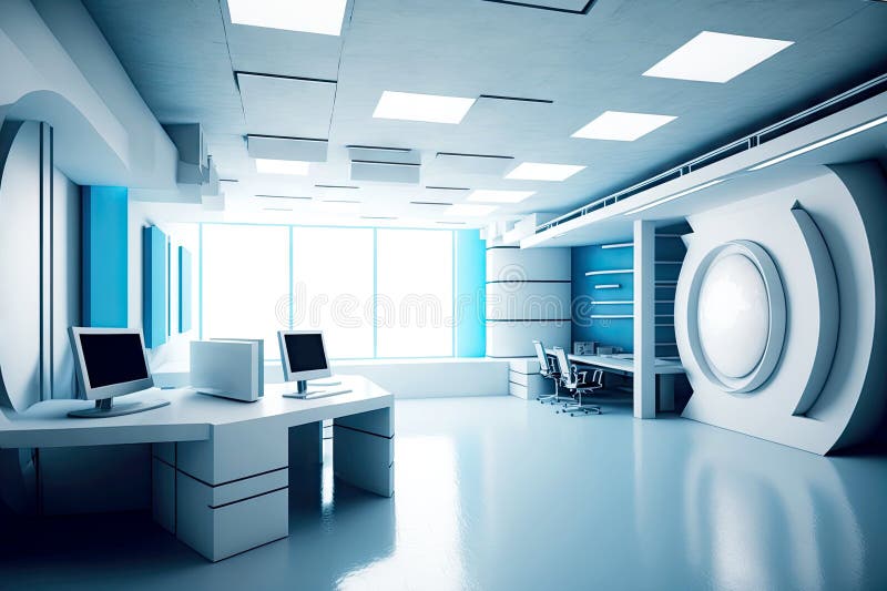 High-tech Interior in Blue White Tones in Empty Office Room Stock ...