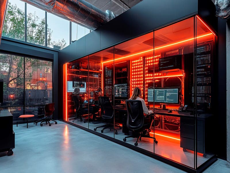 A High-tech Interior Space Divided by Glass Partitions, Illuminated ...