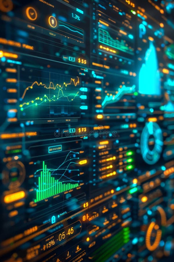 High-tech Investment Dashboard with Glowing Graphs and Charts in Blue ...