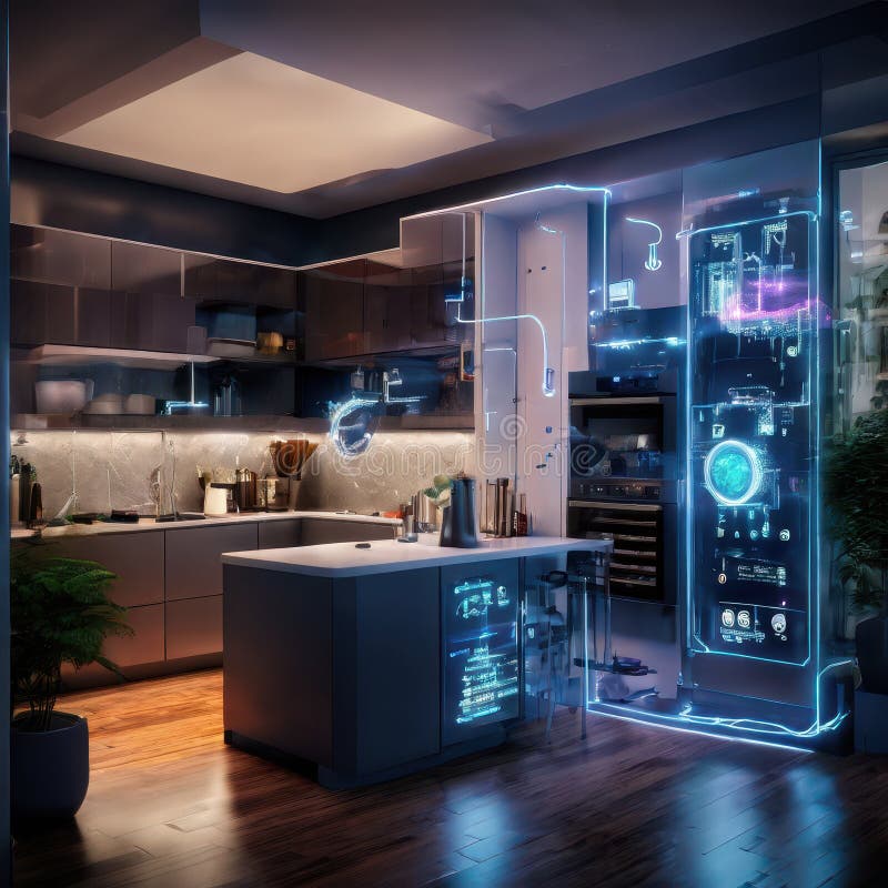 Futuristic Smart Kitchen with Holographic Technology Display Stock ...