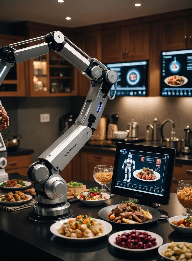 High-tech Kitchen with Robotic Arm Preparing Christmas Feast. Stock ...