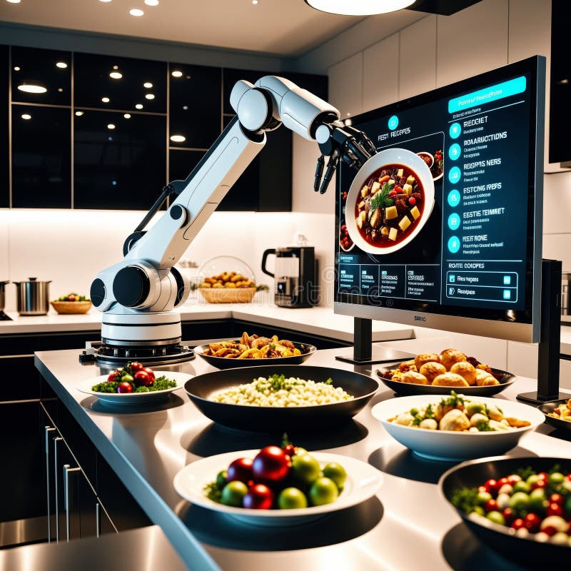 High-tech Kitchen with Robotic Arm Preparing Christmas Feast. Stock ...