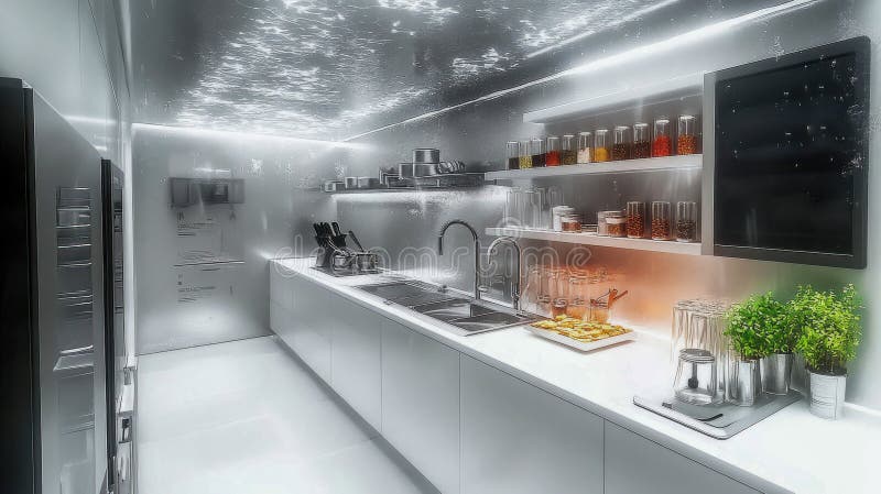 A High-tech Kitchen with Sleek Silver Surfaces, Advanced Smart ...