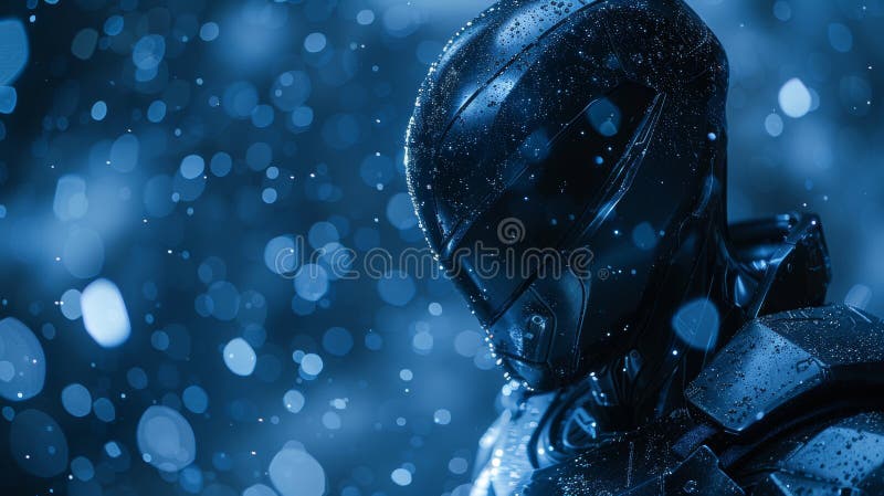 A High-tech Knight Stands in Deep Blue Hues, Enhanced by Striking Bokeh ...