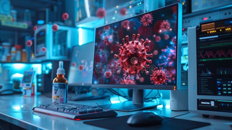 High-tech Lab with Computer Displaying Virus Imagery, Illustrating the ...