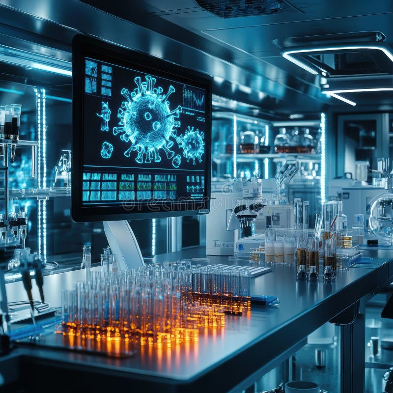 Modern Laboratory Featuring Test Tubes and Glowing Virus Imagery on ...