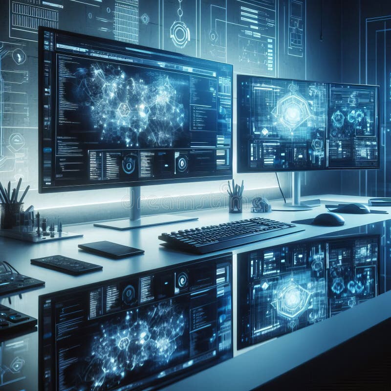 High Tech Lab Environment on a Sleek Reflective White Desk Dual Stock ...