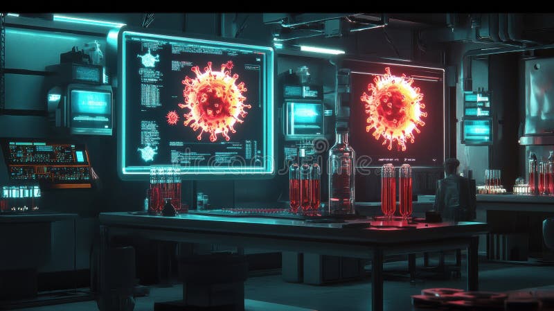 Modern Laboratory with Glowing Monitors and Test Tubes Focused on Virus ...