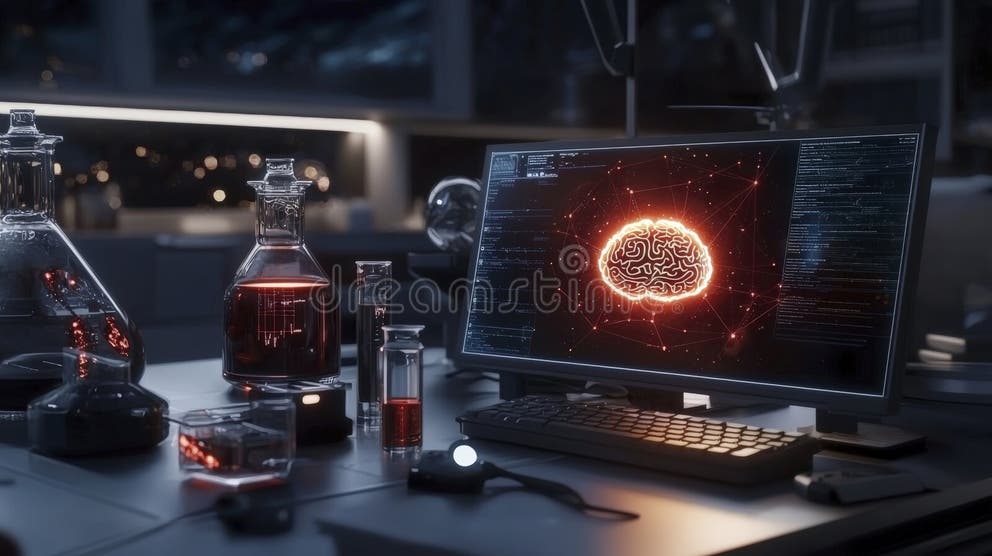 High-tech Lab Experimenting with Brainwave Technology a Close-up of a Futuristic Digital Display ...