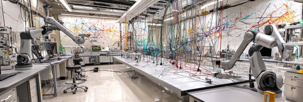 High-tech Lab Featuring Suspended Neural Model and Robotic Arms for ...