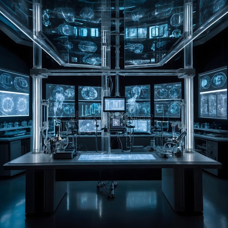High-Tech Lab Featuring Transparent Screens, Robotics, and Holographic ...