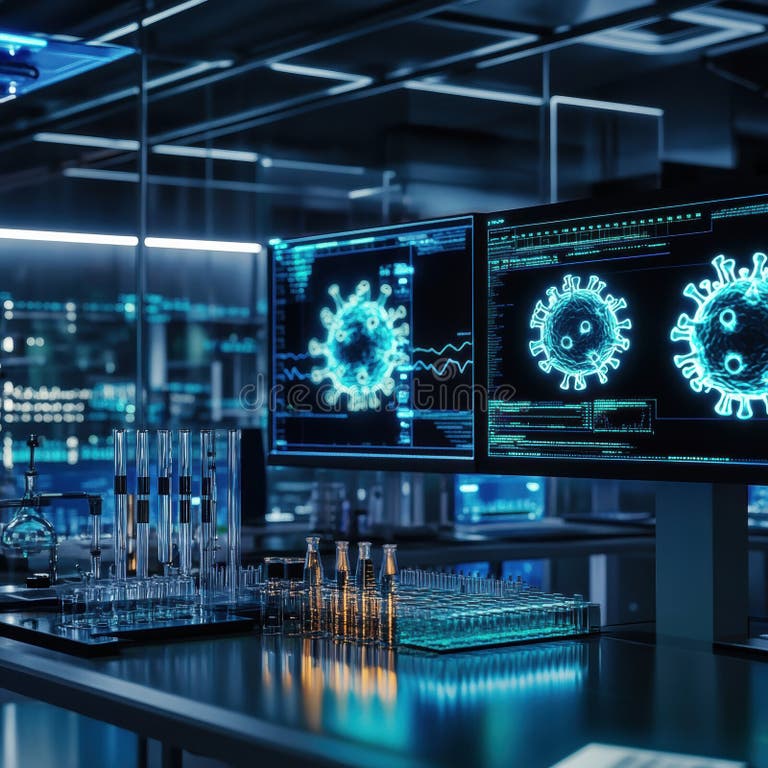 Modern Laboratory Environment with Test Tubes and Glowing Monitors ...