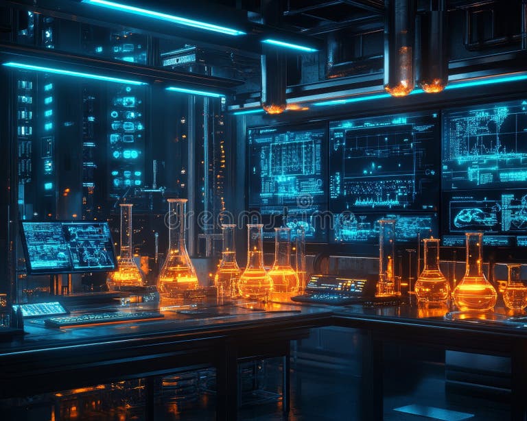 High Tech Lab with Glowing Glass Beakers and Advanced Technology ...