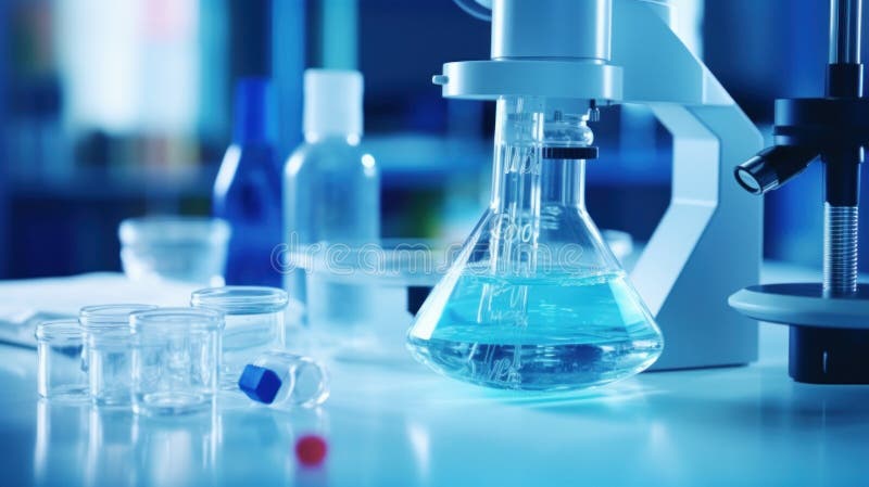 Modern Laboratory with Microscope and Scientific Equipment Cold Tones ...