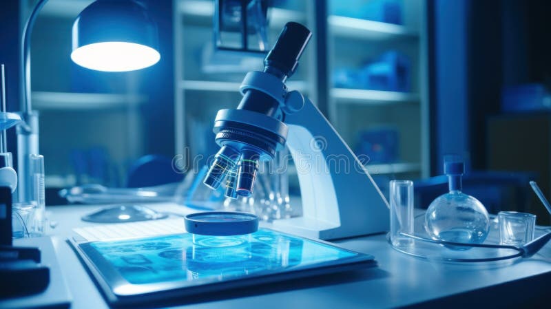 Modern Laboratory with Microscope and Scientific Equipment Cold Light ...