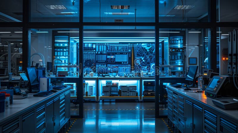 High-Tech Lab Interior at Night with Computers and Equipment Stock ...