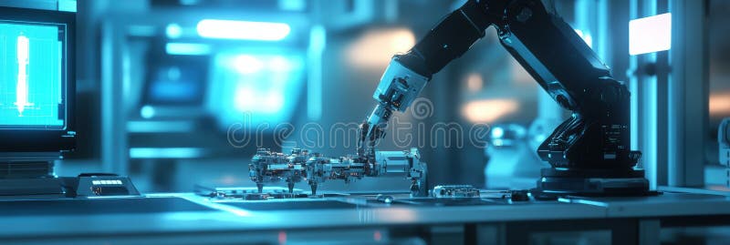 In a High-tech Lab, a Robotic Arm Precisely Assembles Complex Machinery ...