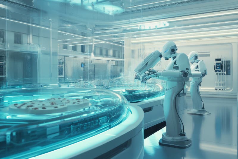 Futuristic Lab Filled with Advanced Robotic Arms Working on a Sleek ...