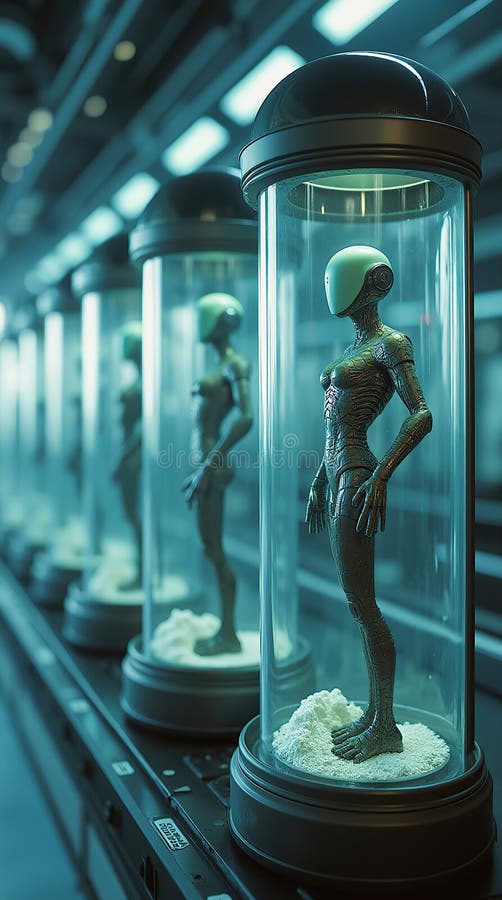 Futuristic Alien Lab with Humanoid Figures in Glass Containers Stock ...