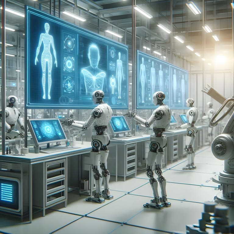 A High-tech Laboratory with Advanced Robots Performing Various Tasks ...