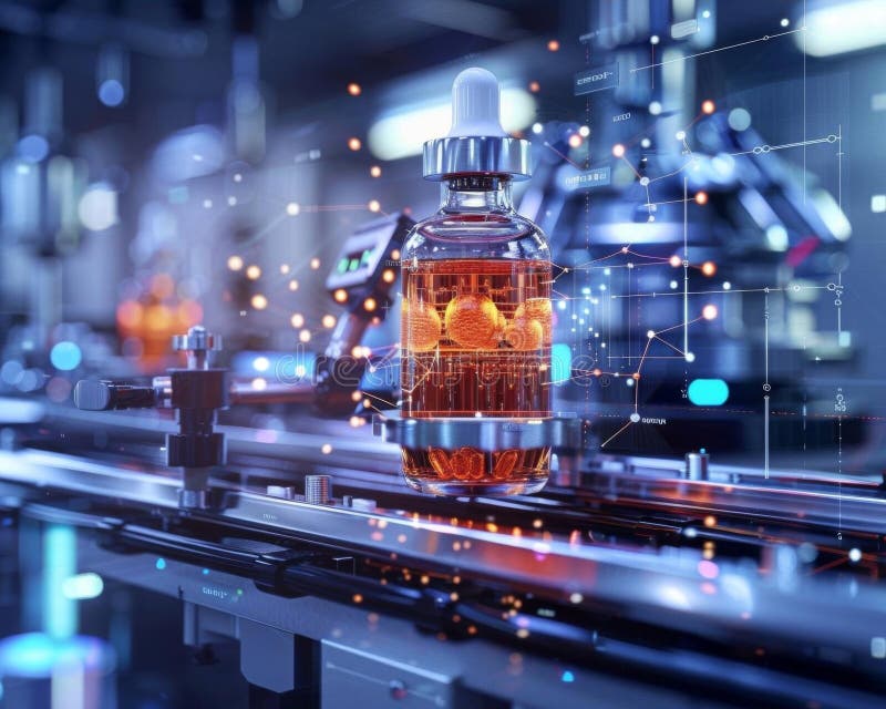 High-Tech Laboratory with Amber Liquid Vial and Digital Data Interface ...
