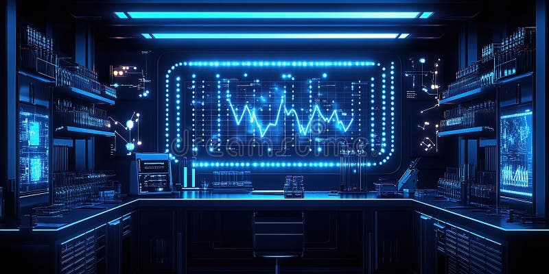 High-tech Laboratory with Blue Lighting and Data Visualization Displays ...
