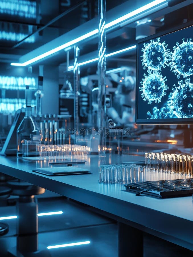Modern Laboratory Showcasing Advanced Virus Research with Glowing ...