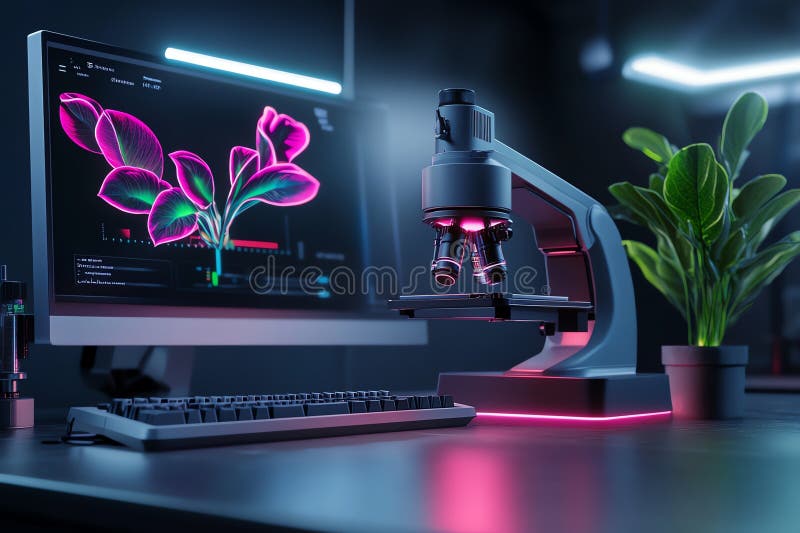 High-tech Laboratory with a Computer, Microscope, and Plants ...