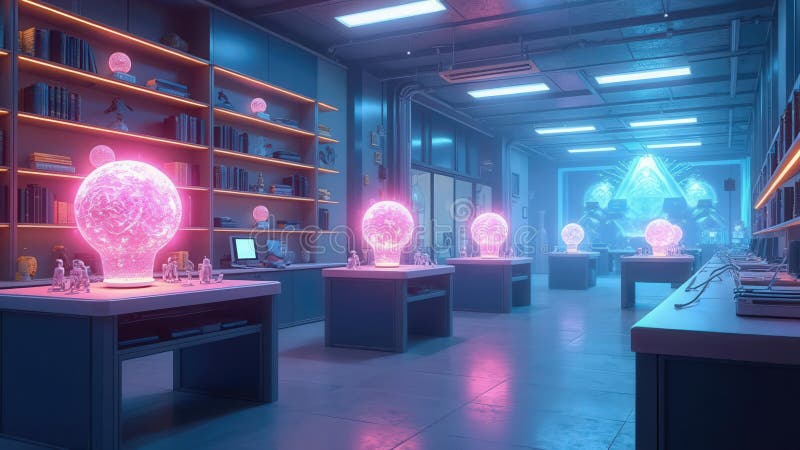 This High-tech Laboratory Contains Multiple Bright, Glowing Orbs, with Shelves Lined with Books ...
