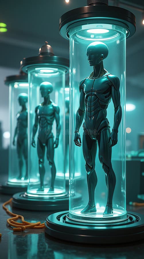 Futuristic Alien Lab with Humanoid Figures in Glass Containers Stock ...