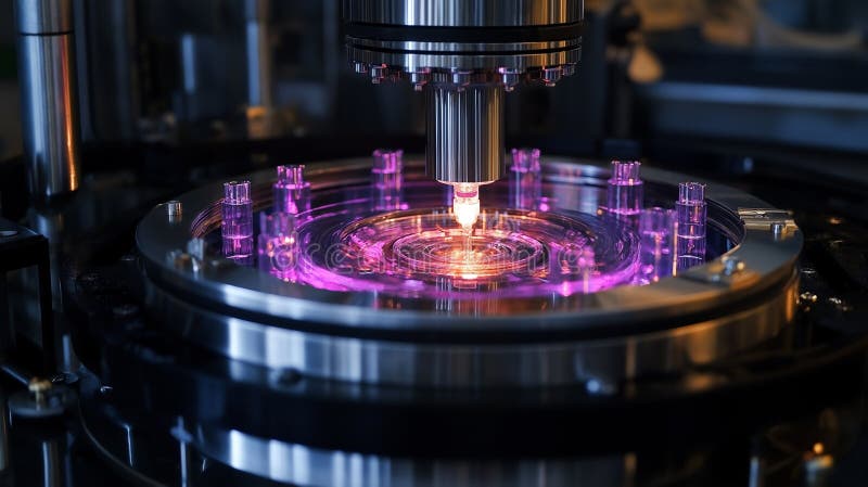 High-tech Laboratory Equipment with Glowing Purple Laser Stock Photo ...