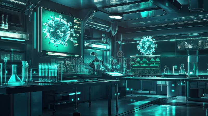 Modern Laboratory Setup Featuring Test Tubes and Glowing Monitors with ...