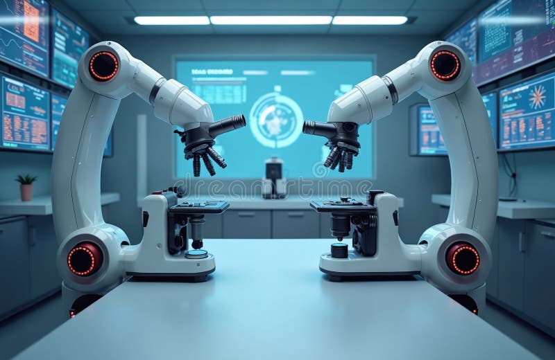 High Tech Laboratory Features Robotic Arms with Microscopes, AI, Advanced Medical Equipment ...