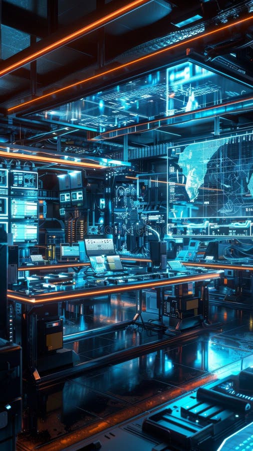 Hightech Laboratory with Glowing Neon Interfaces and Advanced Hologram ...