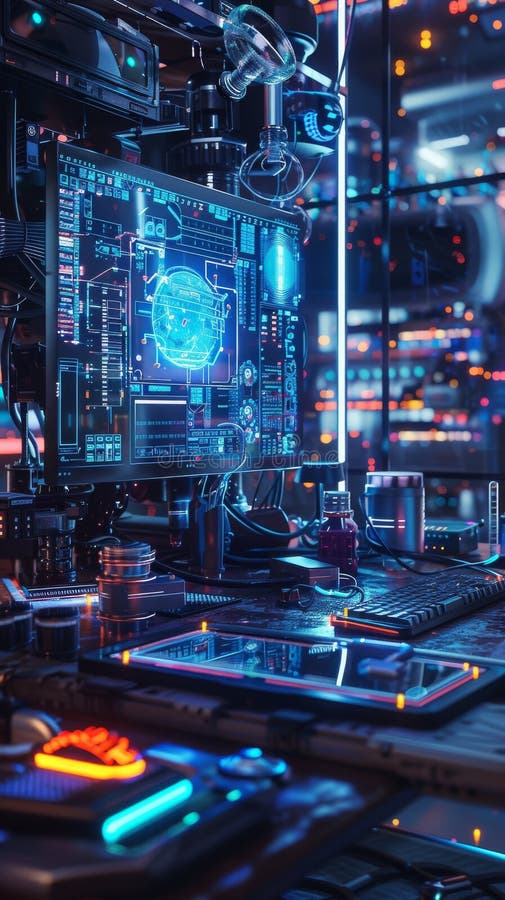 Hightech Laboratory with Glowing Neon Interfaces and Advanced Hologram ...
