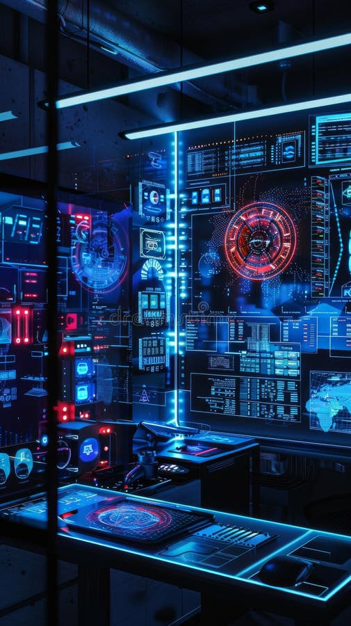 Hightech Laboratory with Glowing Neon Interfaces and Advanced Hologram ...