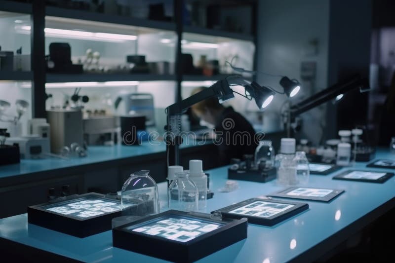 High-tech Laboratory, with Microscope Slides and Specimens Displayed on ...