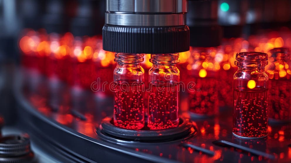 Laboratory Equipment Analyzing Red Liquid Samples in Glass Vials during ...