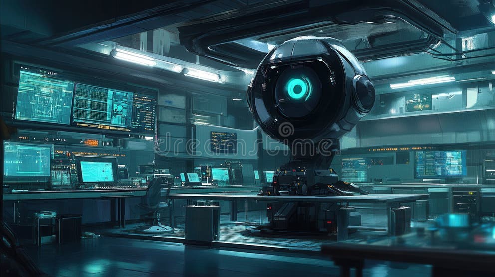 High-tech Laboratory with a Robotic Unit Monitoring Multiple Computer Screens and Displays in ...