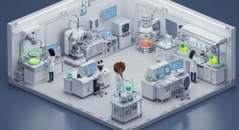 High-tech Laboratory Scene Featuring Four People Wearing Lab Coats Engaged in Stock Illustration ...