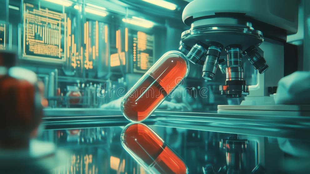 Advanced Laboratory Research with Microscope and Capsule Stock Image ...