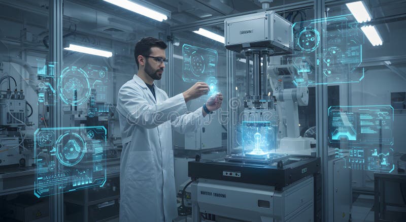 Futuristic Lab Scene: Scientist Analyzing Data with Advanced Tech Stock ...