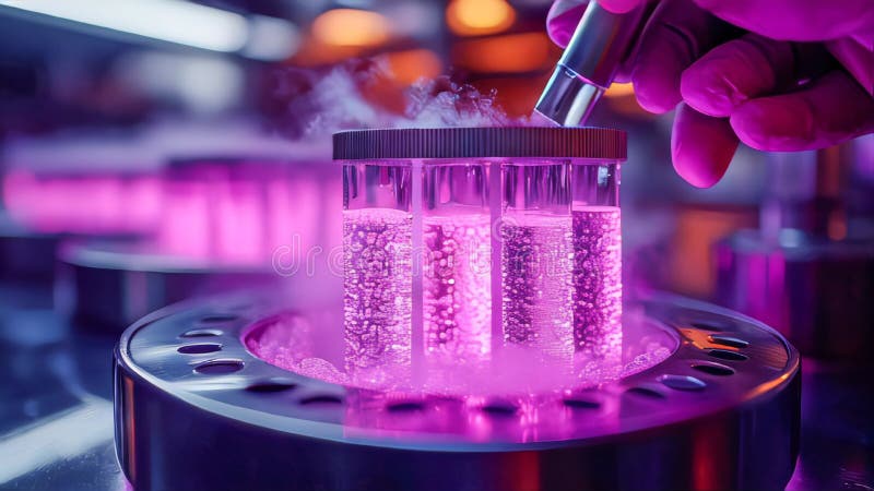 High-tech Laboratory Setup with Vials Containing Bubbling Purple Liquid ...